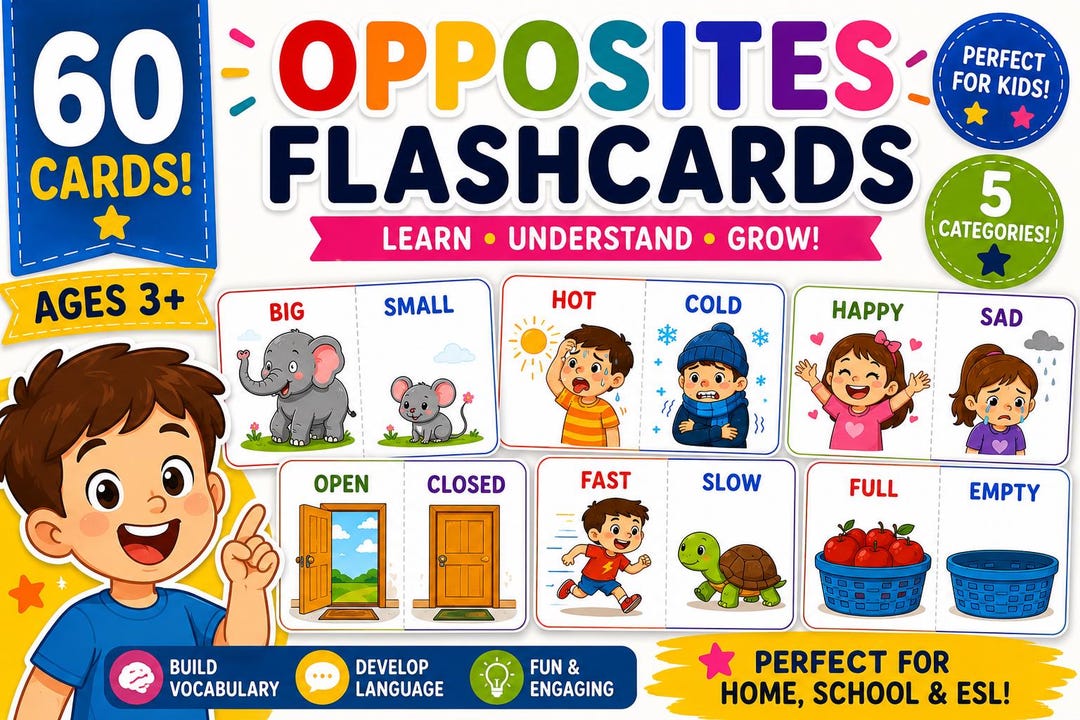 Opposites Flashcards for Kids | 60 Printable Opposite Cards | Preschool ...