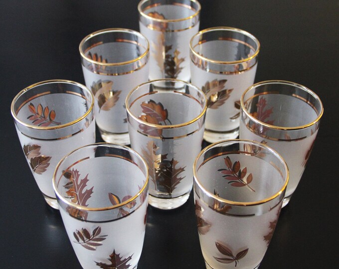 Vintage Gold Leaf Glasses 1950s Beverage Glass Set Of 8 Libby Golden Leaf Tumbler Lot Frosted
