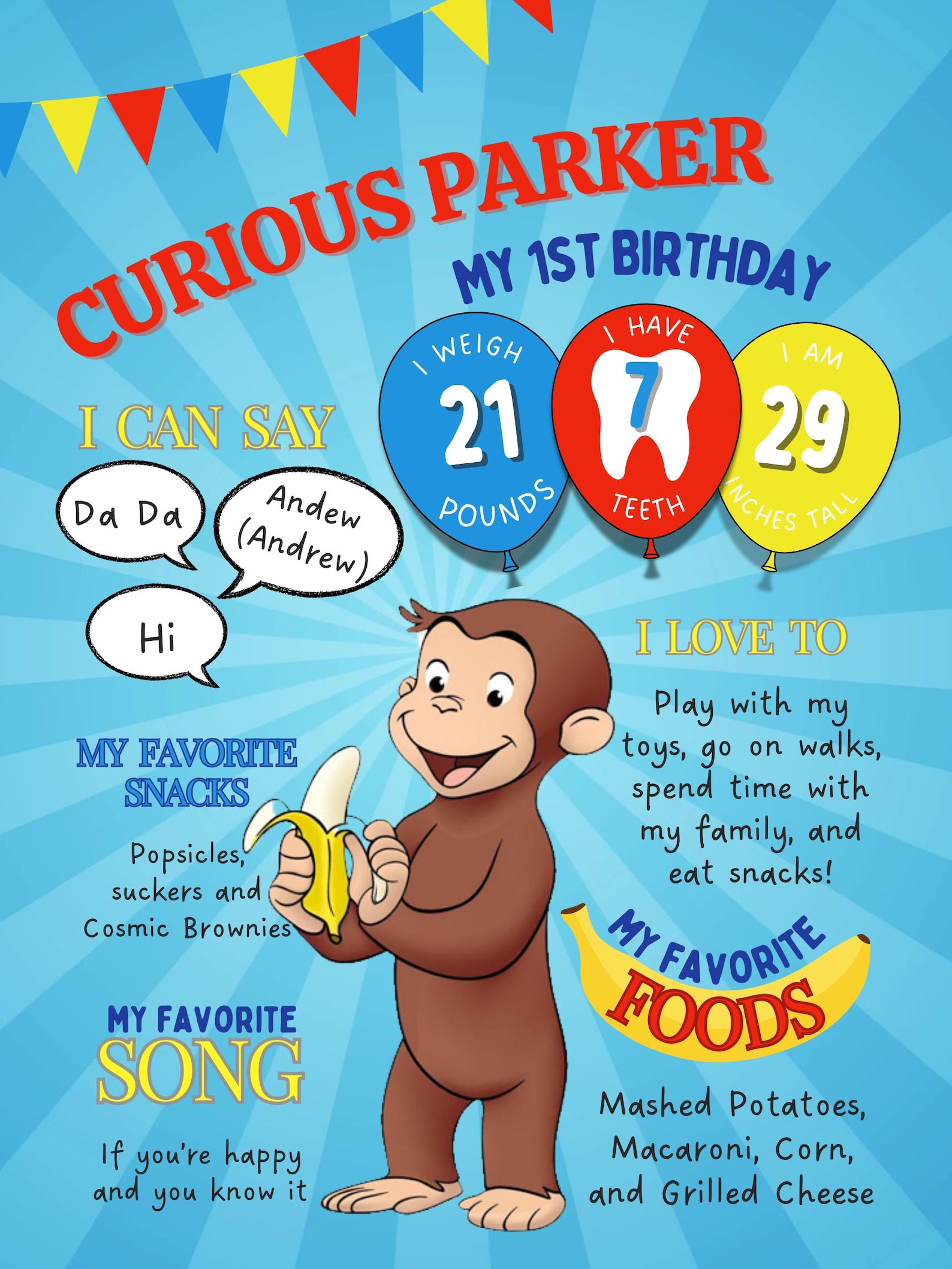 Curious George Inspired Milestone Board, All About Me Poster, Birthday ...