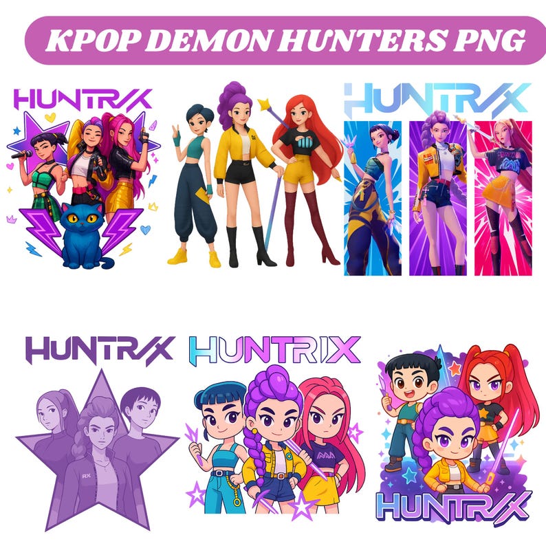 6 Huntrix K Pop Demon Hunters PNG, Kpop Idol Group Shirt Design, Girl ...