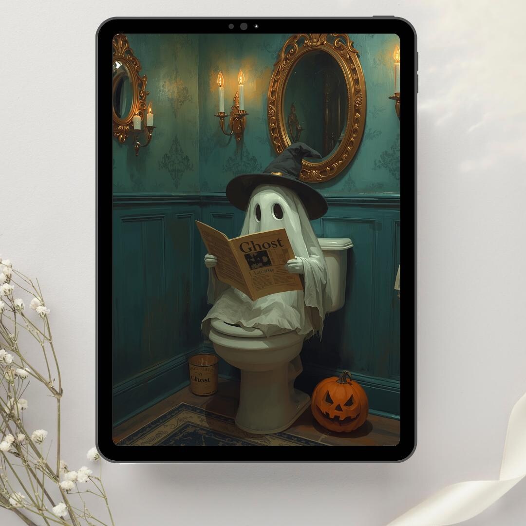 Ghost on Toilet Halloween Print – Spooky Bathroom Wall Art, Funny ...