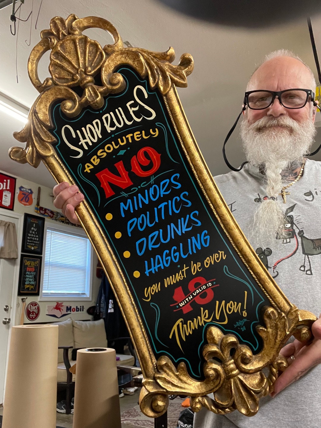 Hand Painted Garage Art shop Rules Sign, Vintage Ornate Framed Artwork ...