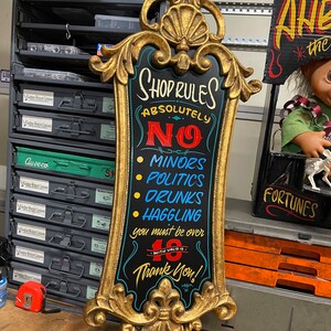 Hand Painted Garage Art shop Rules Sign, Vintage Ornate Framed Artwork ...