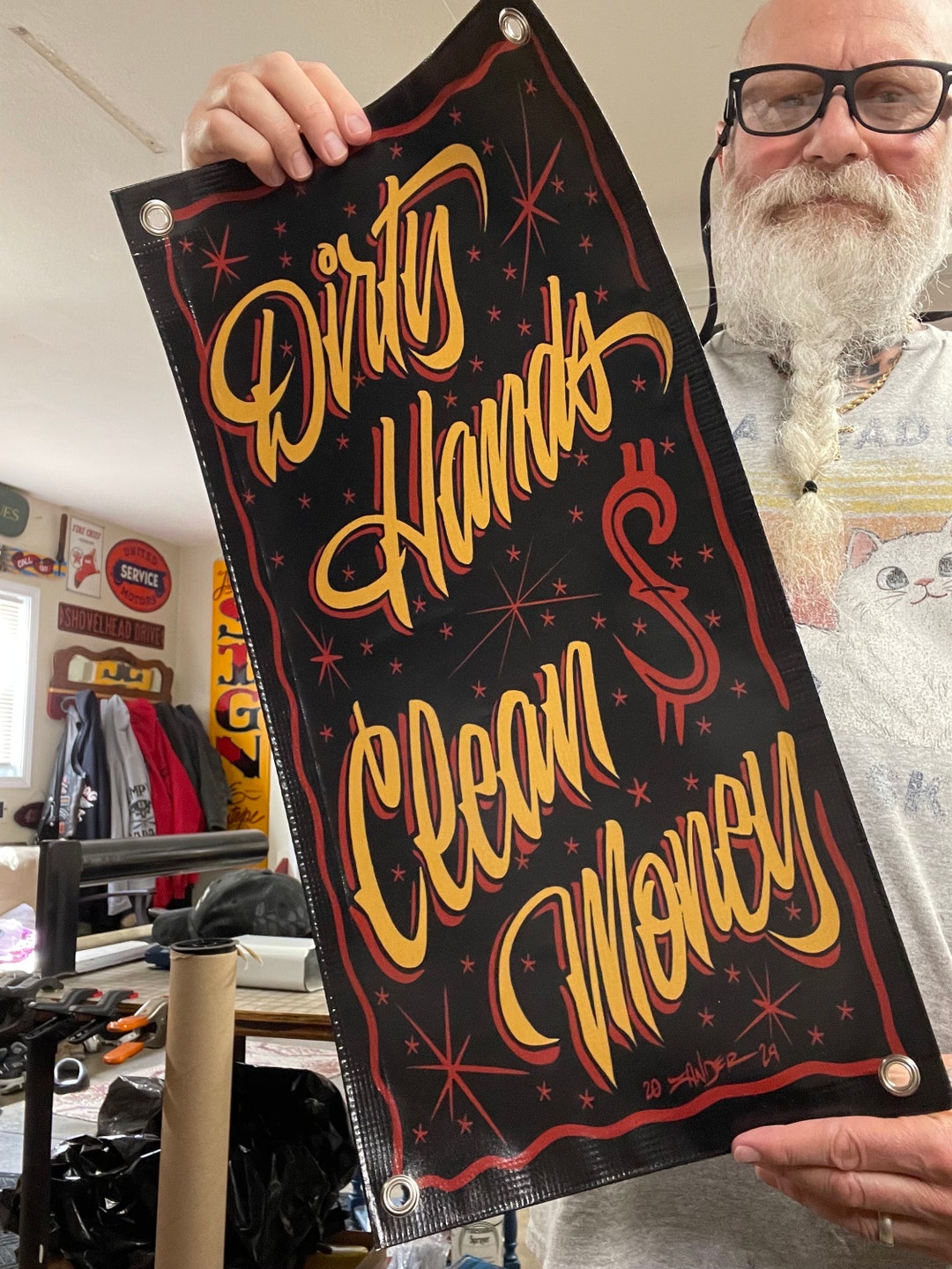 Lumpy’s Garage, “dirty Hands Clean Money” 12”x24” Printed Vinyl Banner ...