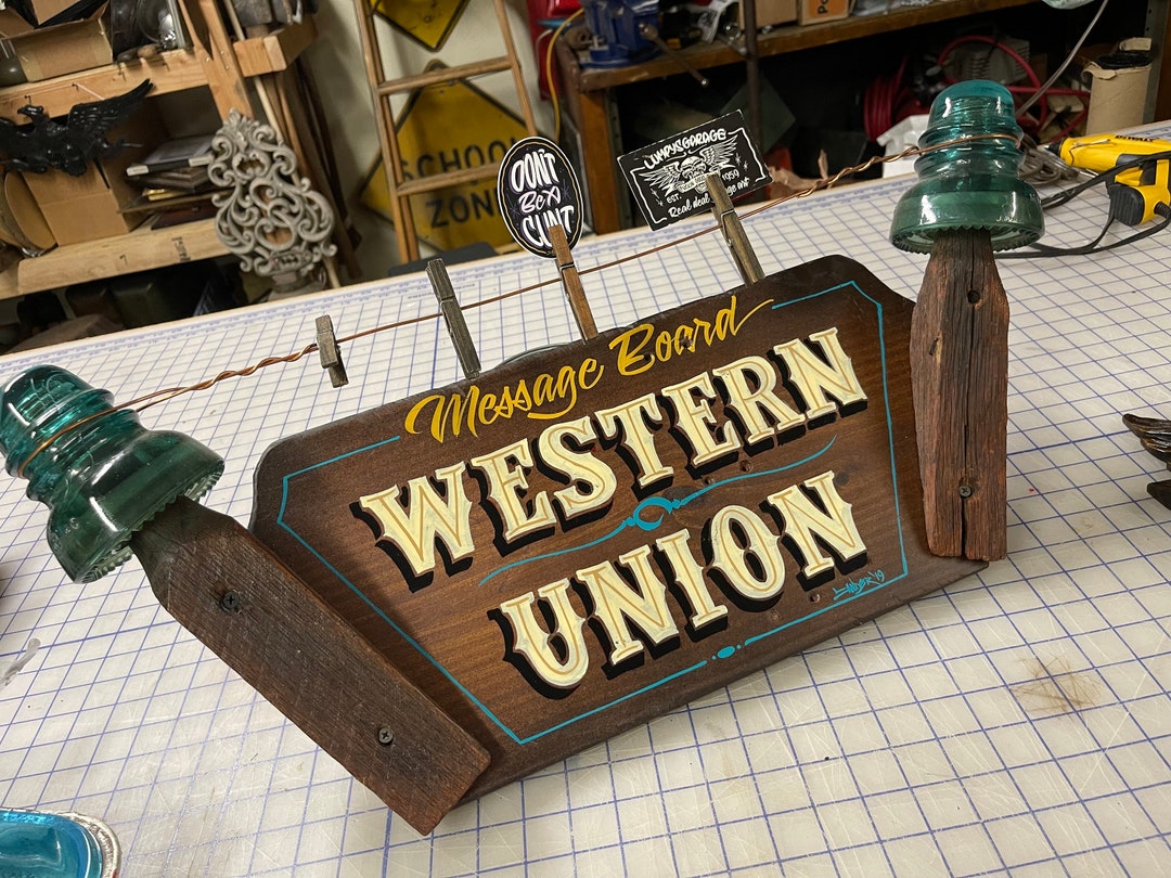 Hand Painted Garage Art "western Union" Vintage Message Board Sign - Etsy