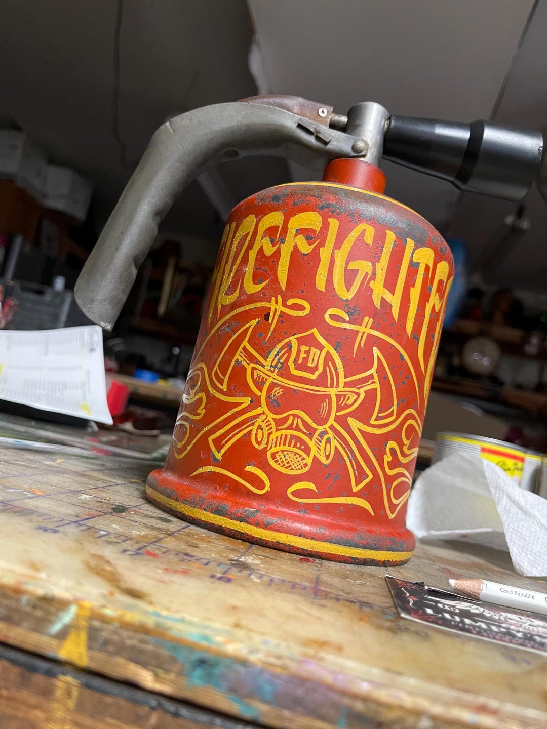 Hand Painted Garage Art "firefighter" Vintage Fantasy Mini Extinguisher ...