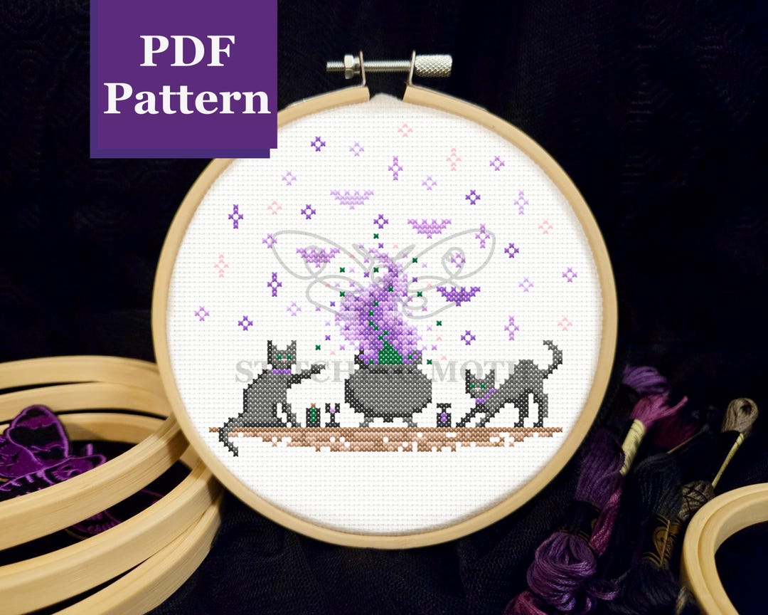 Black Cat Cauldron Cross Stitch Pattern (PDF Download) - Halloween ...