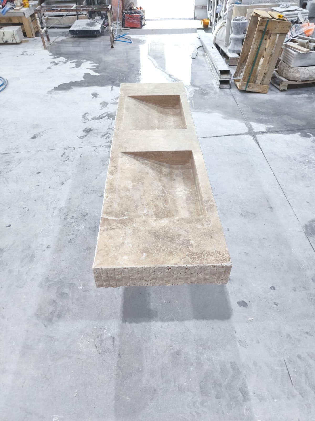 Travertine Double Bathroom Sink – Wall Mounted Custom Marble Vanity Top ...