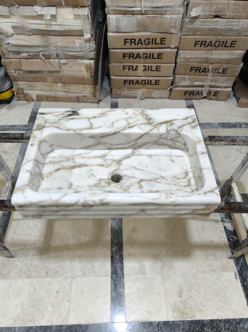 Handmade Calacatta Gold Marble Sink, Wall Mounted Rectangular Bathroom ...