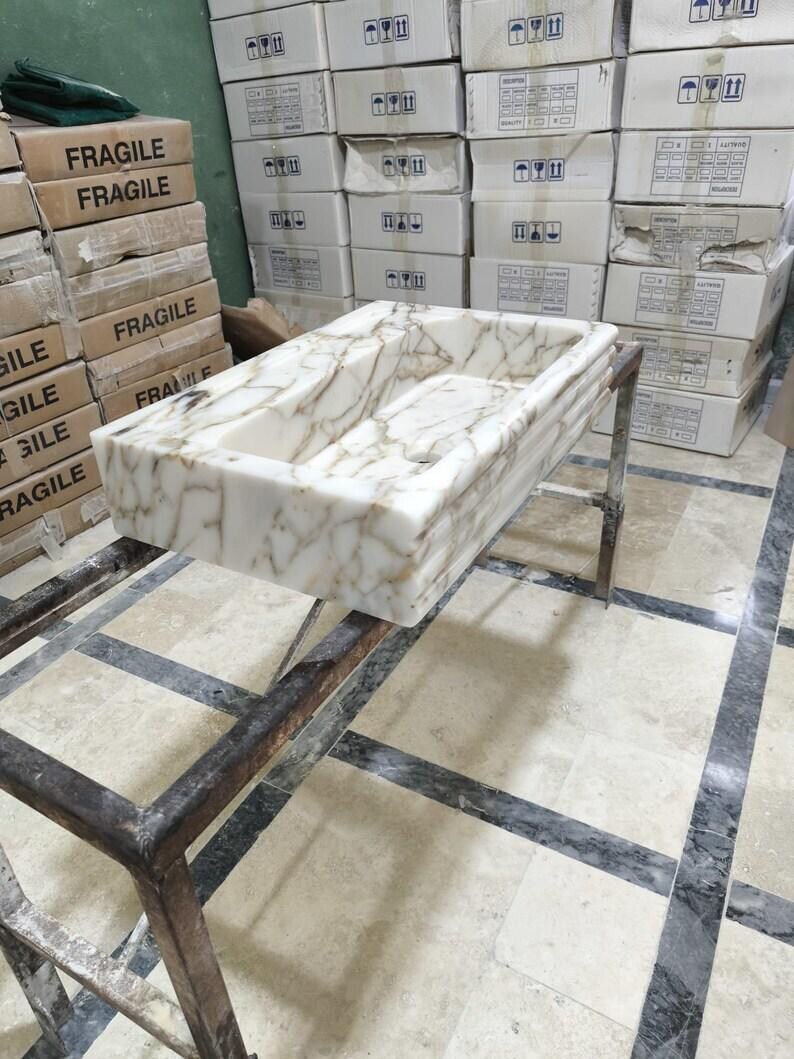 Handmade Calacatta Gold Marble Sink, Wall Mounted Rectangular Bathroom ...