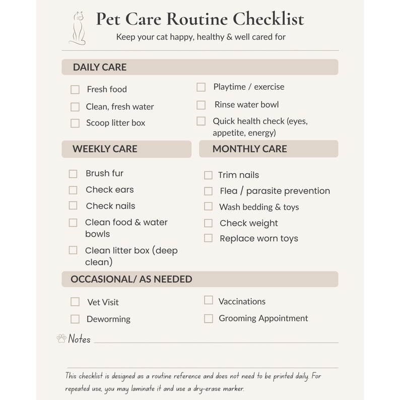 Printable Cat Care Routine Checklist, Cat Health Tracker for Daily ...
