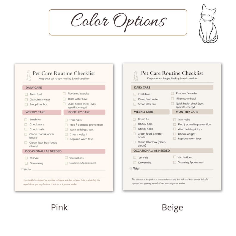 Printable Cat Care Routine Checklist, Cat Health Tracker for Daily ...