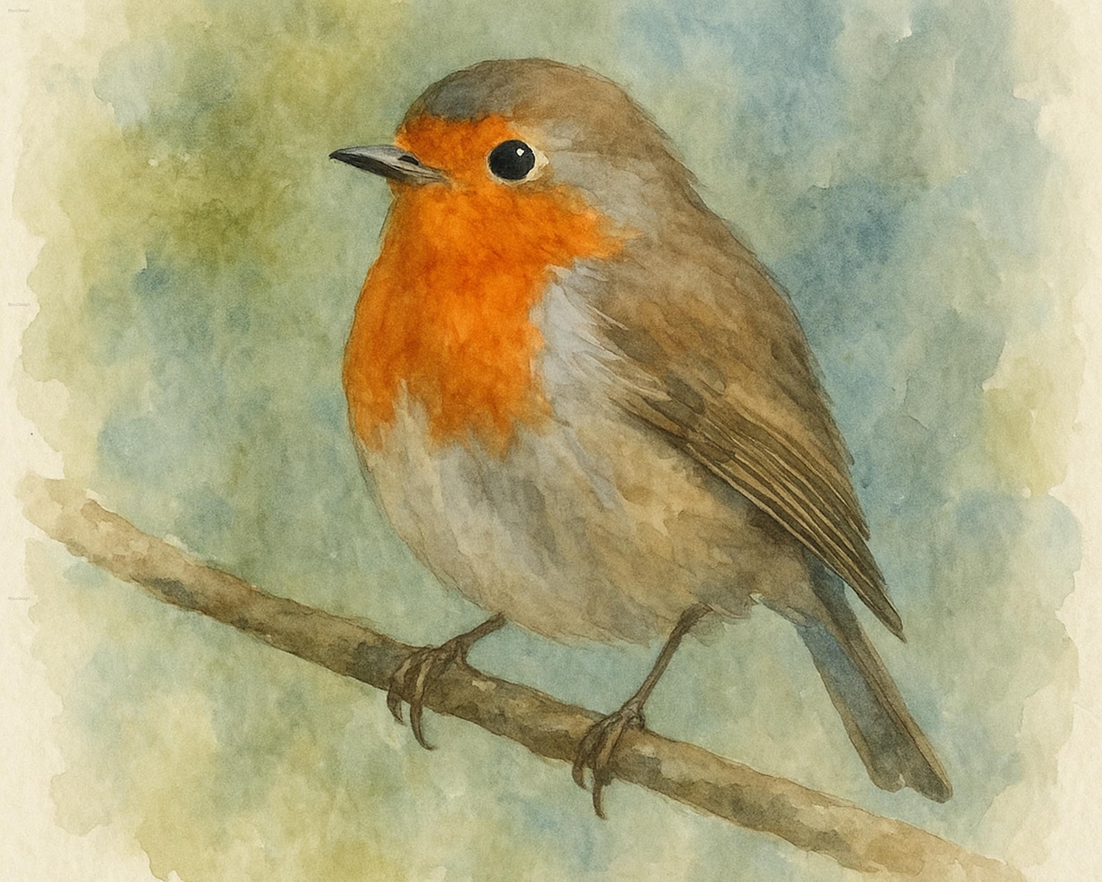 Robin on Branch - Vintage Watercolor Bird Print (digital Download ...