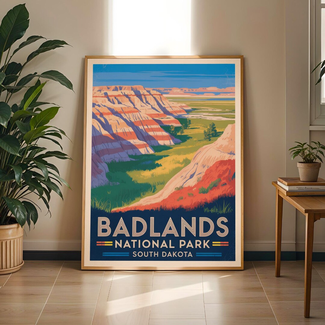 Badlands National Park Poster – Orange and Teal Art Deco Print | Mid ...