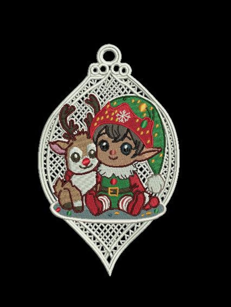 FSL Christmas Elf and Reindeer Ornament | Freestanding Lace Embroidery ...
