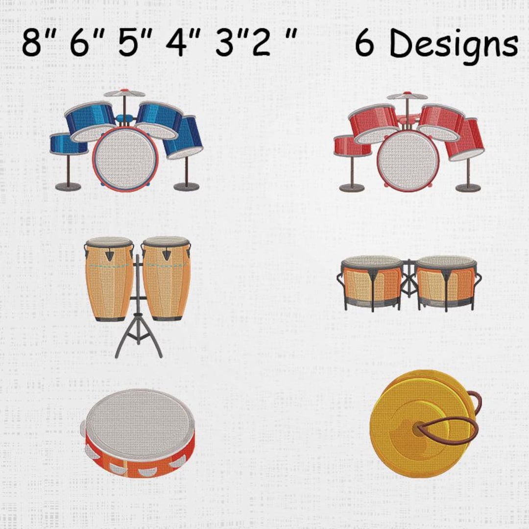 Music Drums Embroidery Set - Music Set Embroidery - Music Pattern - 6 ...