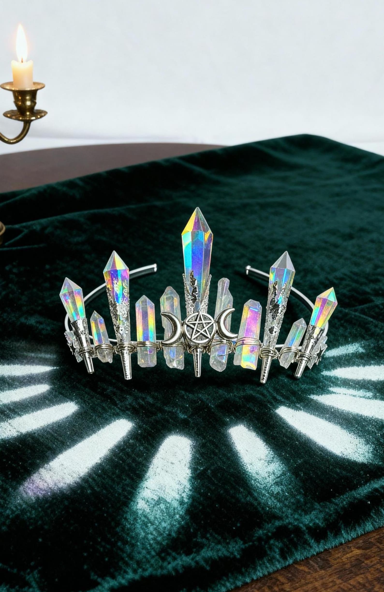 Iridescent Aurora Crystal Crown With Silver Moon Stars - Goddess Tiara ...