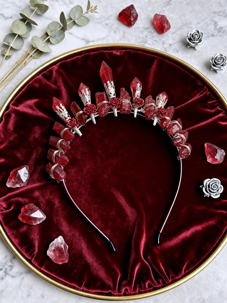 Bold Red Crystal Tiara With Spinel & Metal Rose Vampire Queen Crown ...