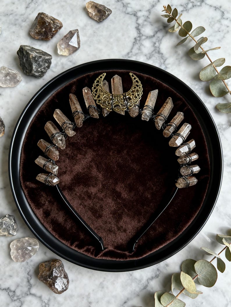 Black Smoky Crystal Crown With Bronze Moon, Wiccan Crown, Dark Goddess ...