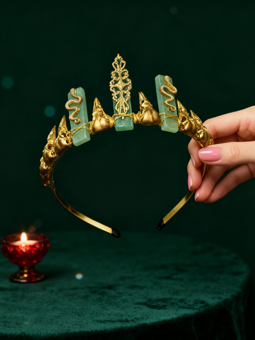 Aventurine Crown With Gold Raven & Snake, Mystical Tiara, Pagan ...