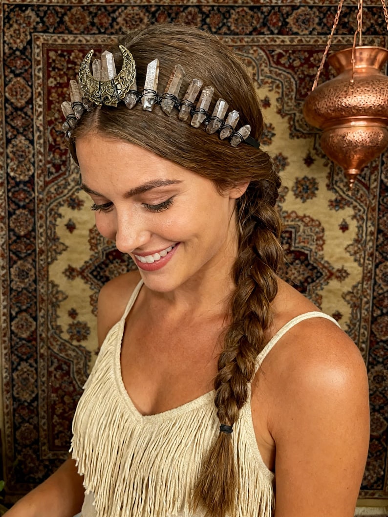Black Smoky Crystal Crown With Bronze Moon, Wiccan Crown, Dark Goddess ...