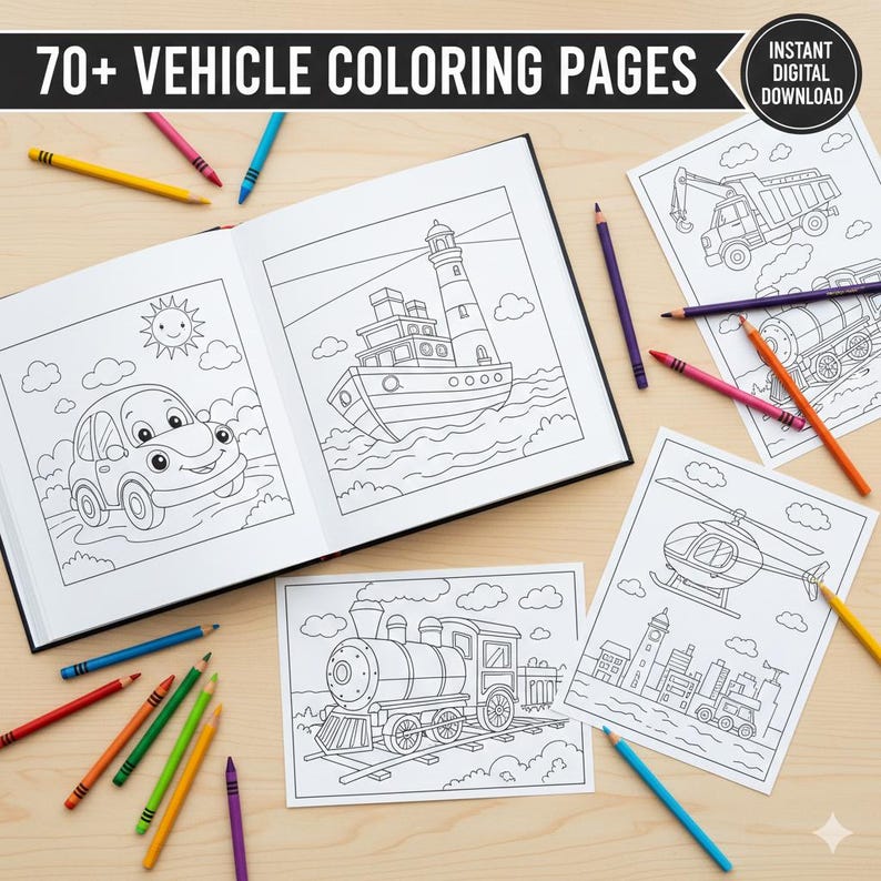 70-page Vehicle Coloring Book for Kids - Etsy