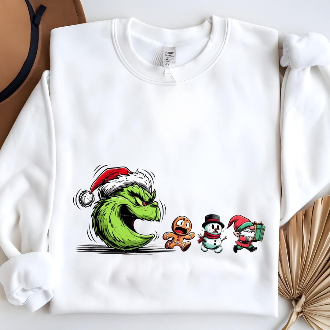 Gildan Grinch Chase Sweatshirt – Hilarious Holiday Grinch Eating ...
