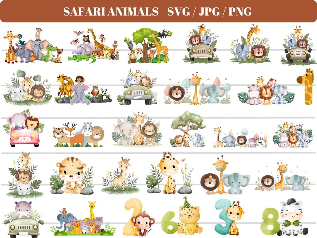 Watercolor Safari Animals Clipart: Baby Shower PNG JPG (digital ...