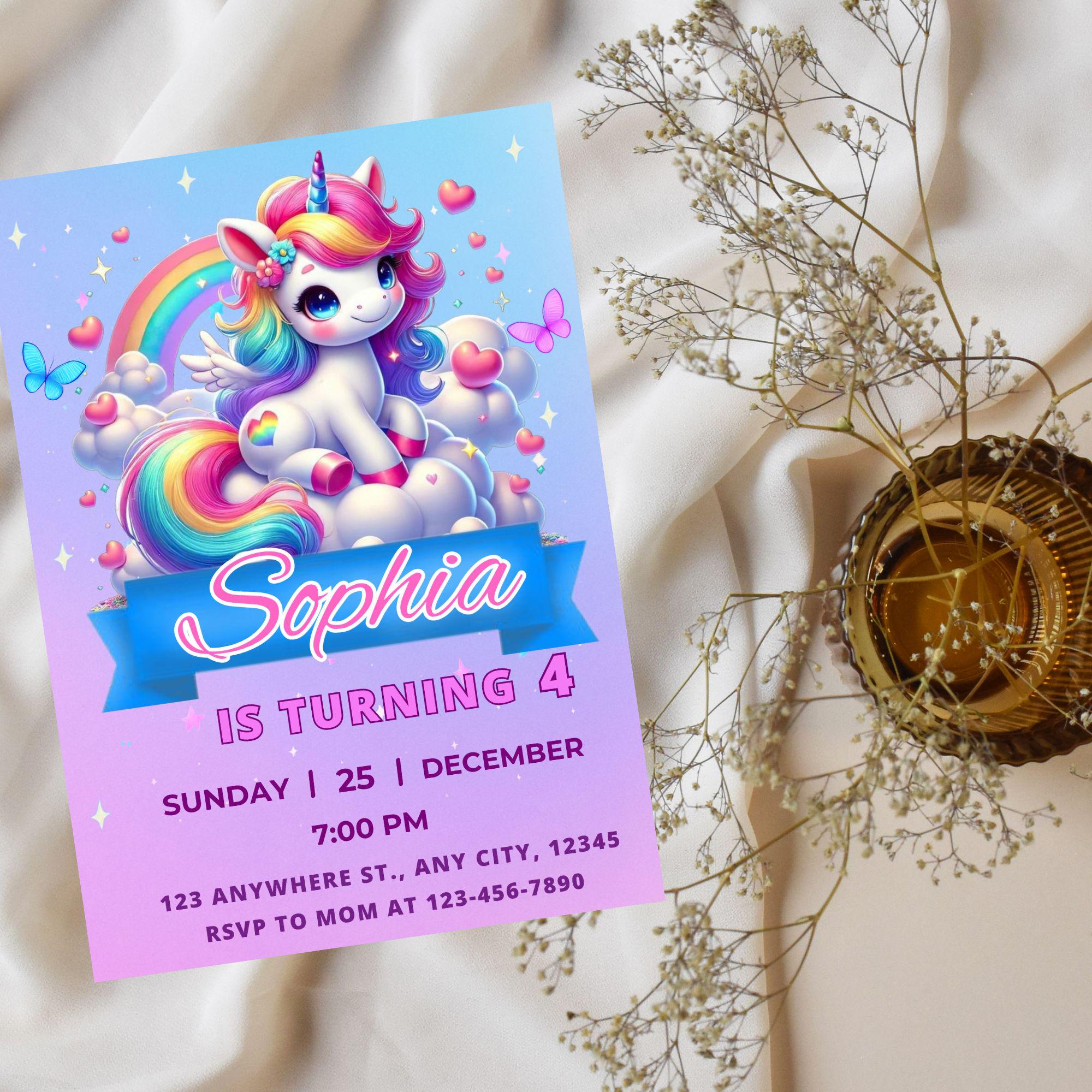 Unicorn Birthday Invitation Canva. Editable Template. Magical 5th ...