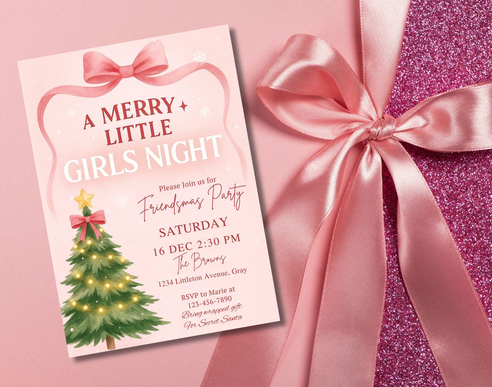 Girls Night Christmas Party Invitation Template, Pink Bow (digital ...
