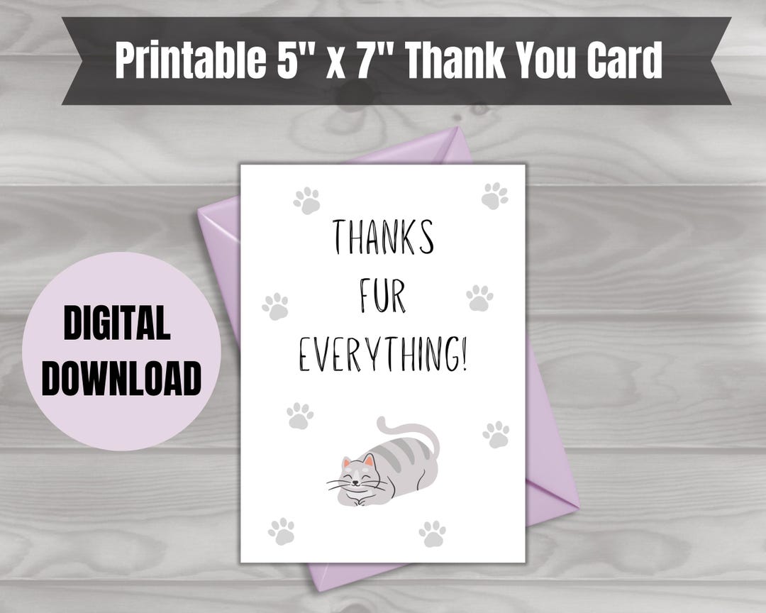 Cat Themed Thank You Printable Card - Etsy