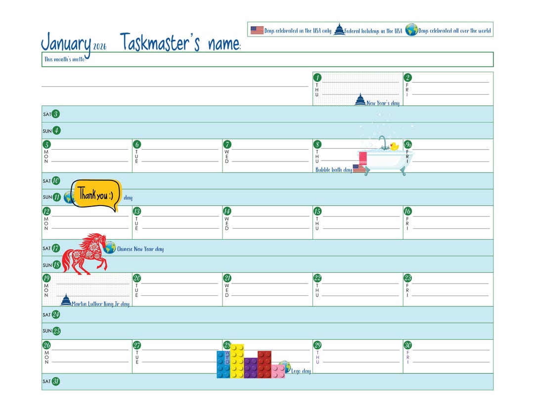 Printable Educational (and Fun!) Monthly Kids Planner 2026, Blue and ...