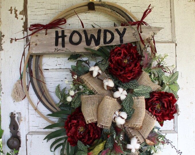 Howdy Western Rope Wreath With Burgundy Red Flowers and - Etsy