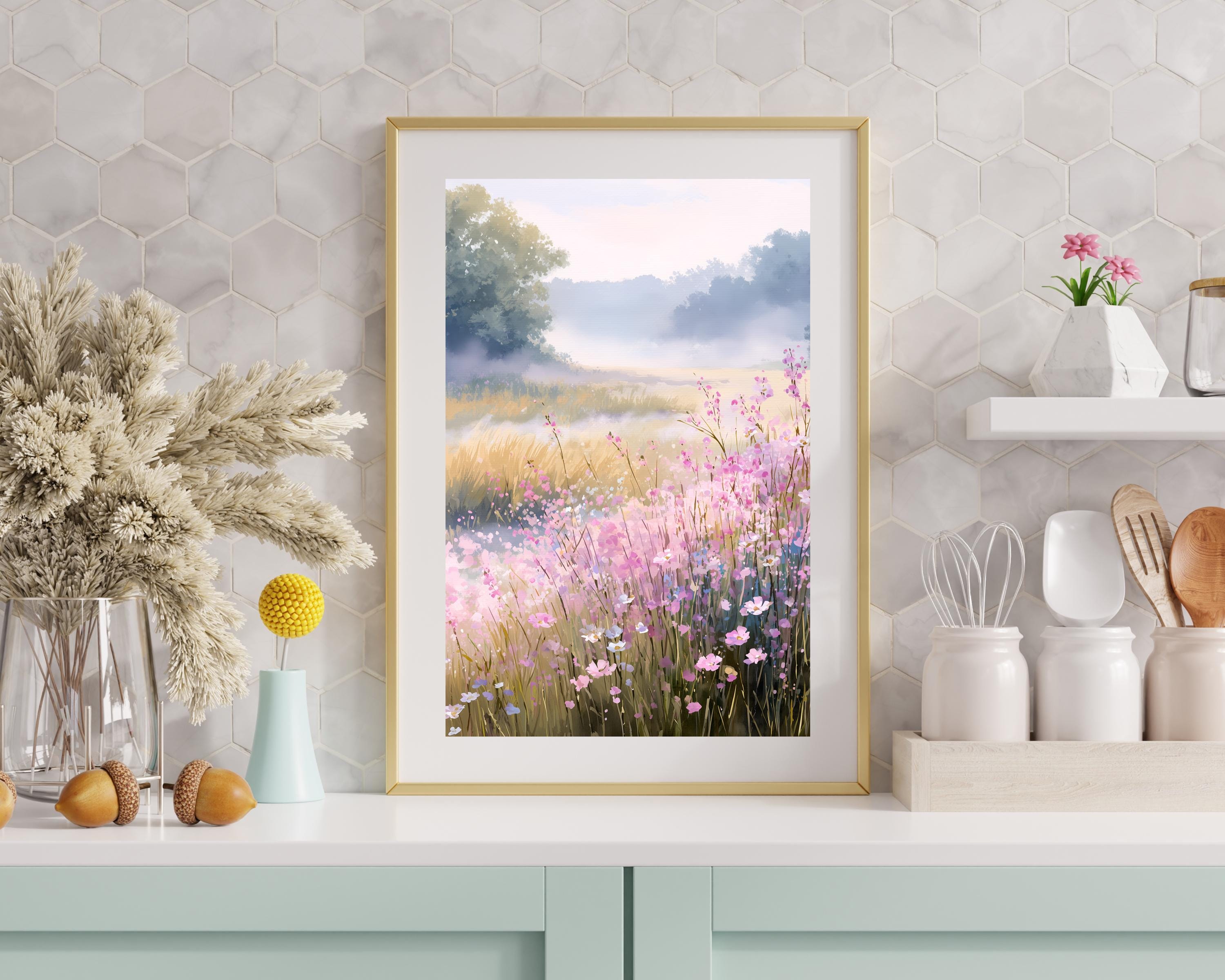 Misty Wildflower Meadow Watercolor Print | Pastel Floral Landscape Art | Cottagecore Botanical ...