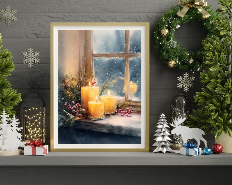 Christmas Candle Watercolor Print, Cozy Winter Window Scene, Pine and ...