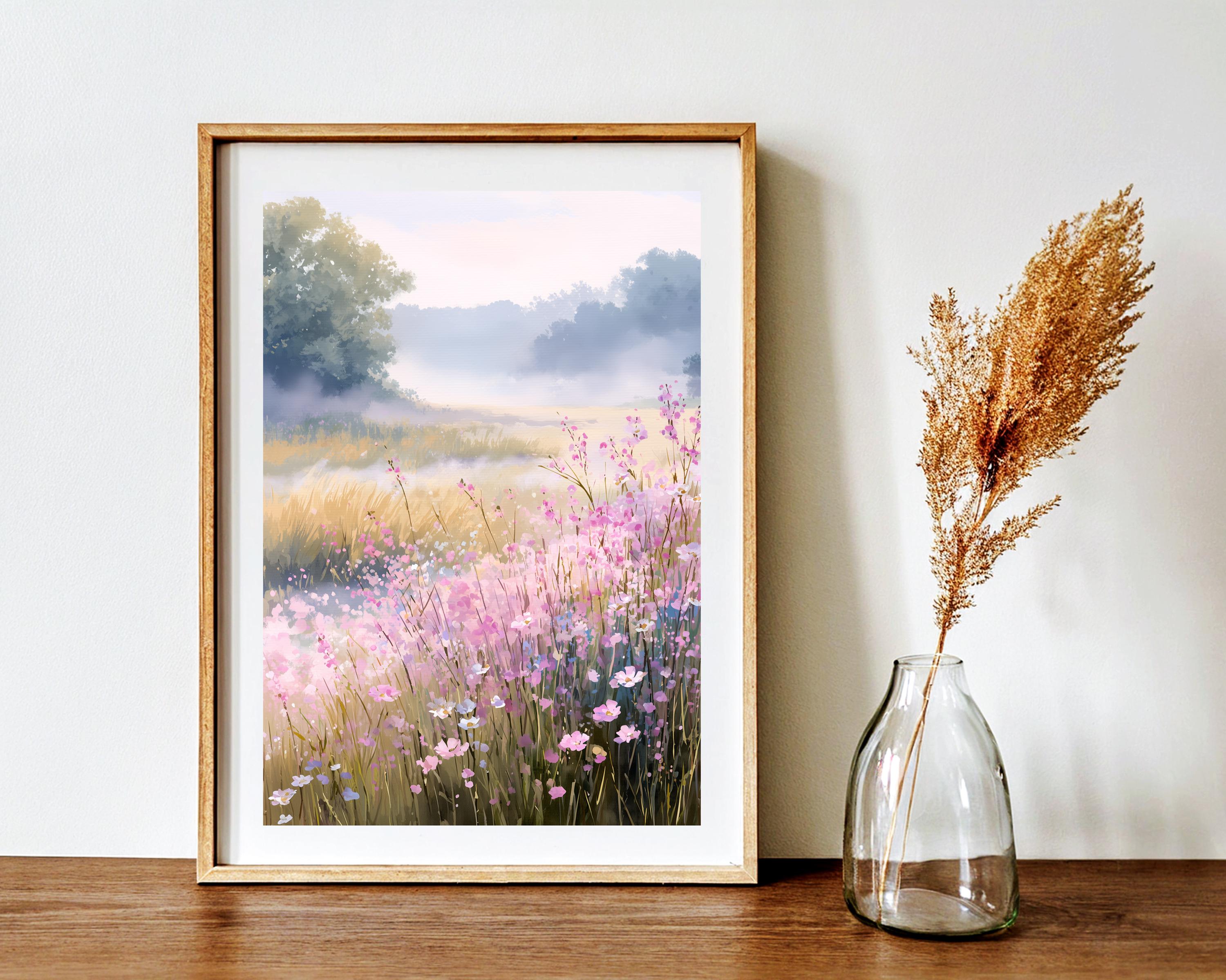 Misty Wildflower Meadow Watercolor Print | Pastel Floral Landscape Art | Cottagecore Botanical ...