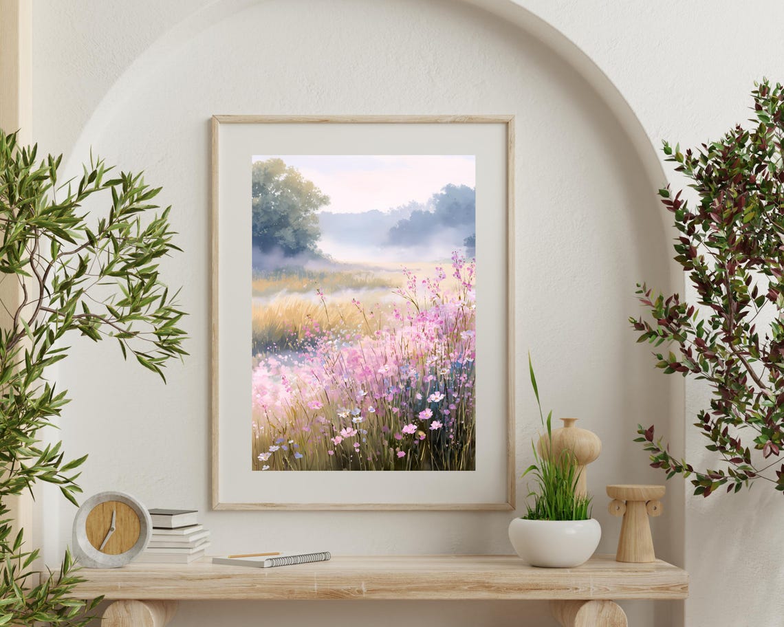 Misty Wildflower Meadow Watercolor Print | Pastel Floral Landscape Art | Cottagecore Botanical ...