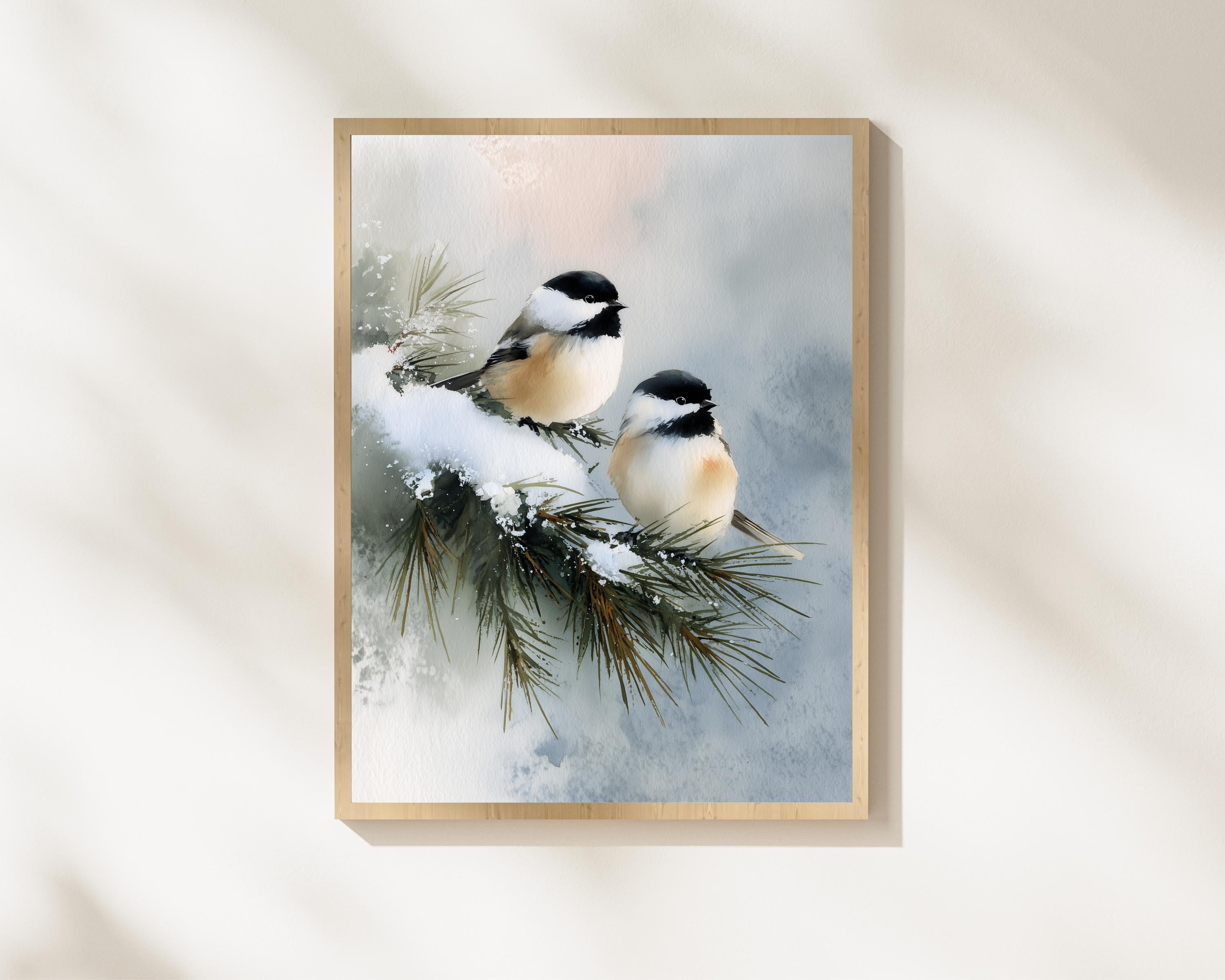 Chickadee Watercolor Print: Winter Bird on Snowy Evergreen Branch - Etsy