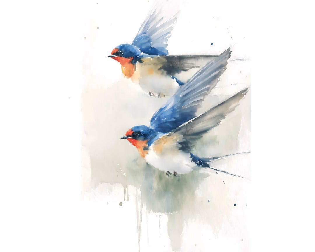 Barn Swallows Watercolor Print, Flying Swallows Wall Art, Blue Bird ...