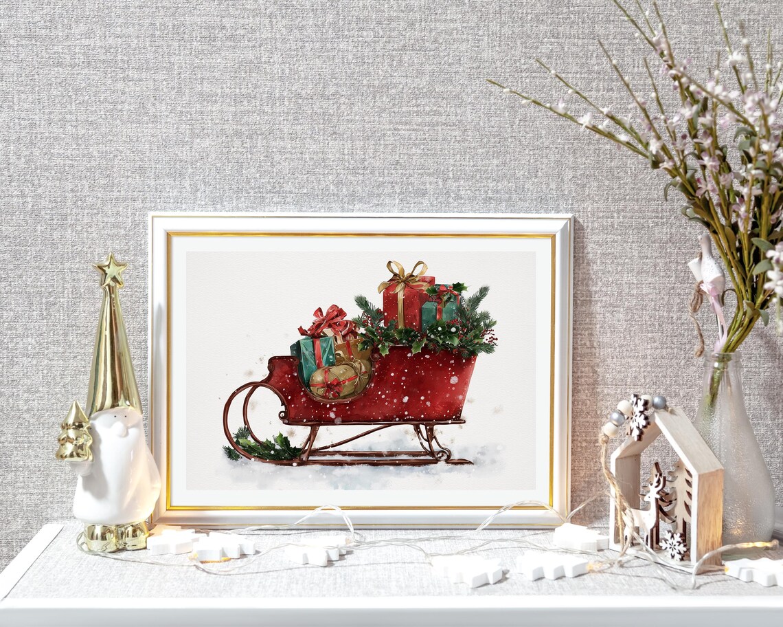 Vintage Christmas Sleigh Watercolor Print – Festive Holiday Wall Art ...