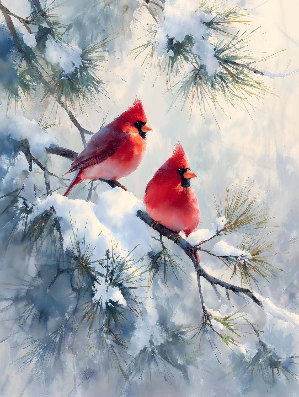 Red Cardinals in Snow Watercolor Print, Winter Bird Painting, Pine Tree ...