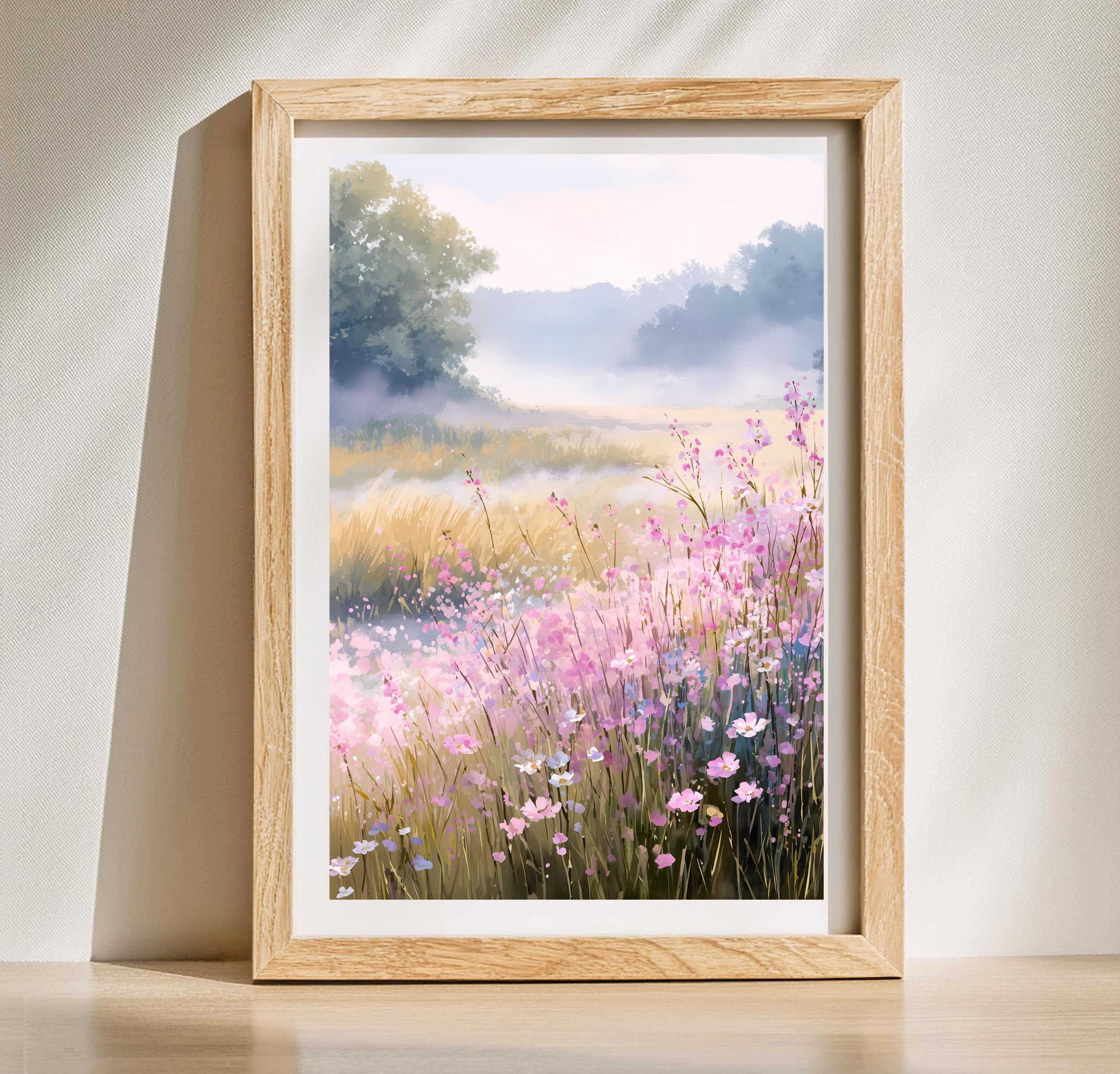 Misty Wildflower Meadow Watercolor Print | Pastel Floral Landscape Art | Cottagecore Botanical ...
