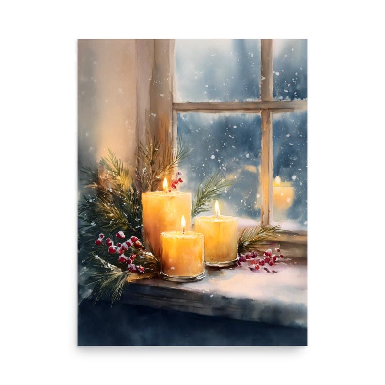 Christmas Candle Watercolor Print, Cozy Winter Window Scene, Pine and ...