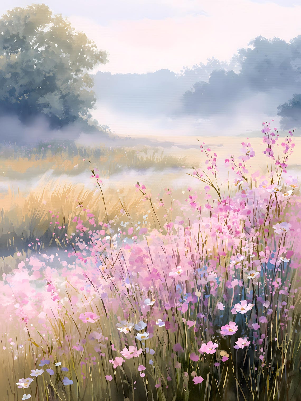 Misty Wildflower Meadow Watercolor Print | Pastel Floral Landscape Art | Cottagecore Botanical ...