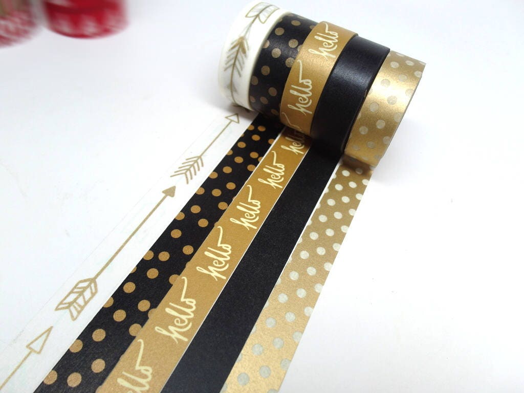Black and Gold Washi Tape Set of 5 Black Washi Tape Gold