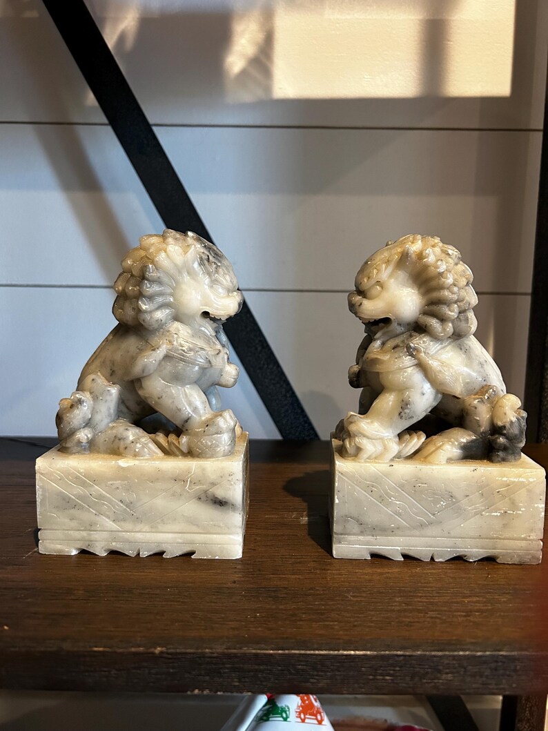 Vintage Chinese Foo Dog Stone Bookends | Mid Century Carved Guardian ...