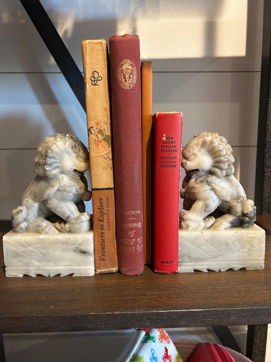 Vintage Chinese Foo Dog Stone Bookends | Mid Century Carved Guardian ...