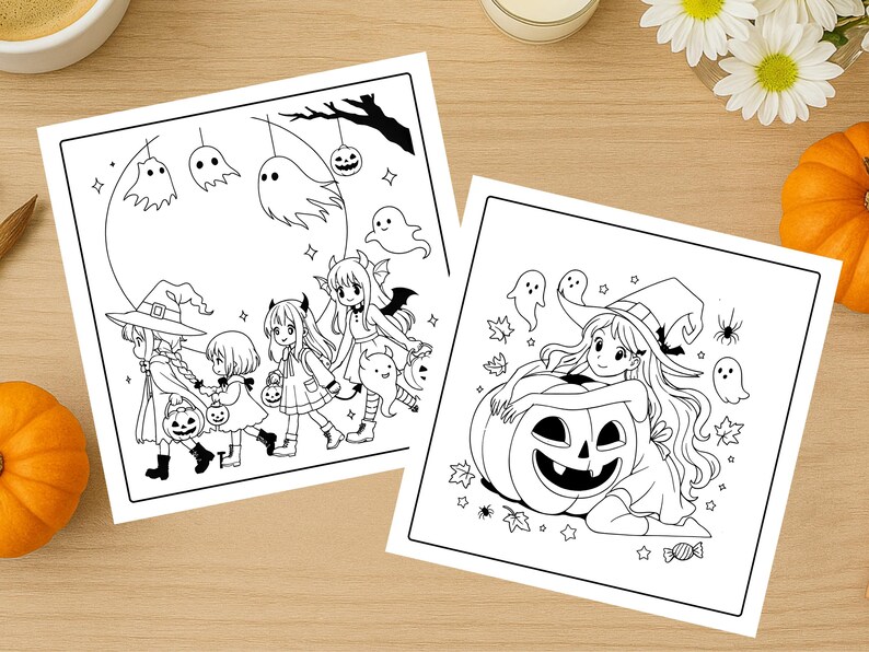 Halloween Anime Girls Coloring Pages: Kawaii Manga Art (PDF and PNG) - Etsy