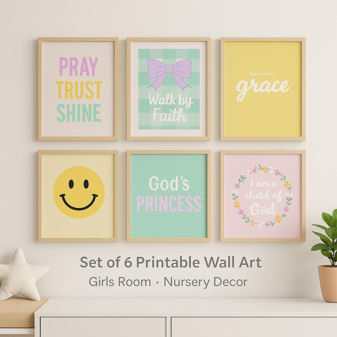 Girls Bible Verse Wall Art Set of 6 | Christian Nursery Prints | Pink ...