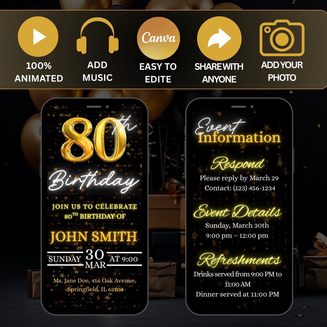 80th Birthday Invitation Template – Elegant Black & Gold Digital Invite ...